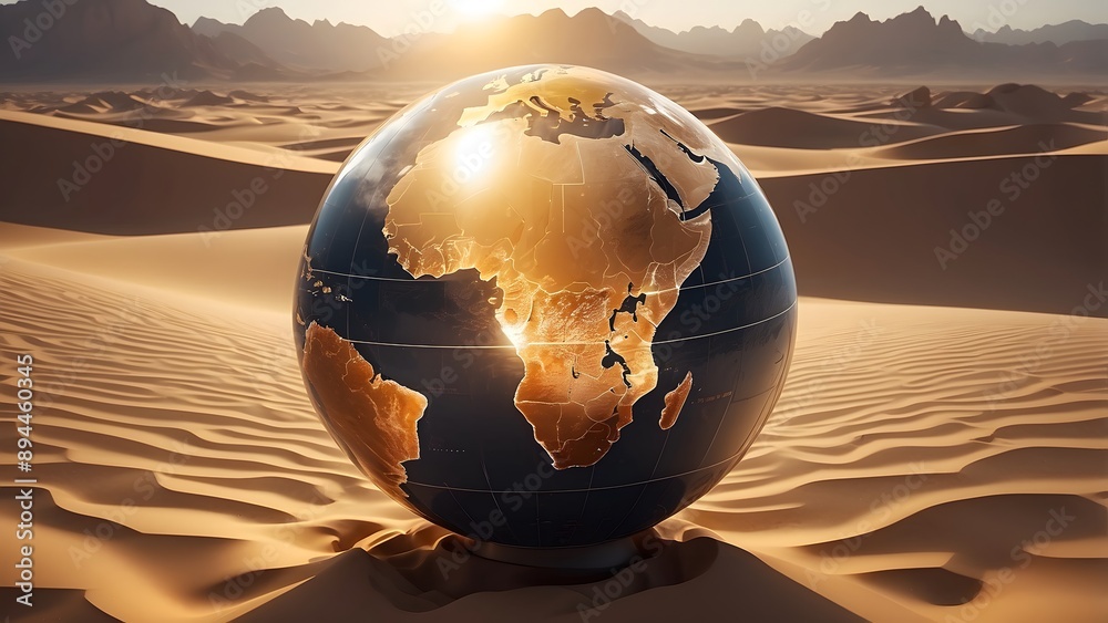 World population day, a dynamic glowing world globe placed on sand in a ...