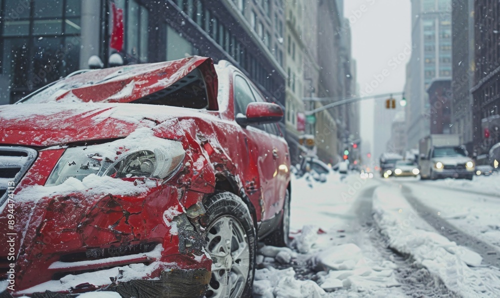 Winter Traffic Accident: Damaged Red Car on Snowy Urban Street ...
