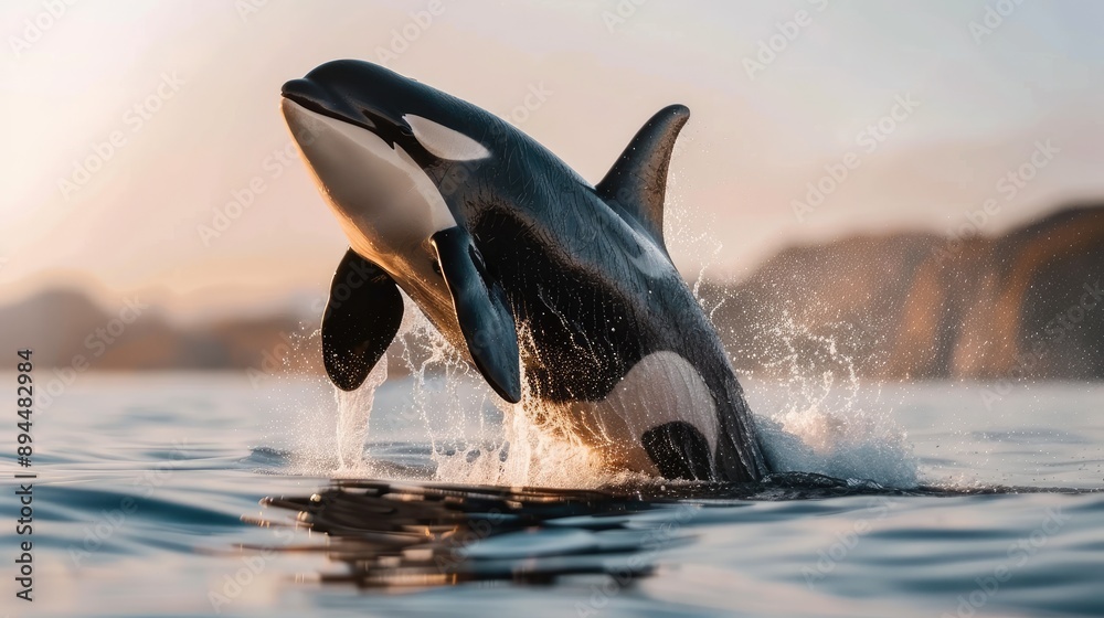 Majestic orca breaching the ocean surface, its powerful body and splash ...