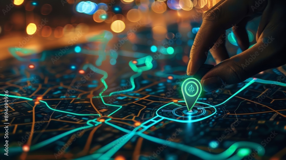 A digital hand places two pins on a map, highlighting AI technology in ...