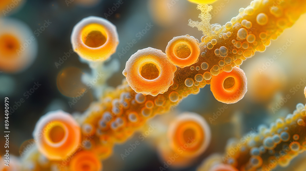 Yeast cells undergoing fermentation, a key element in brewing and ...