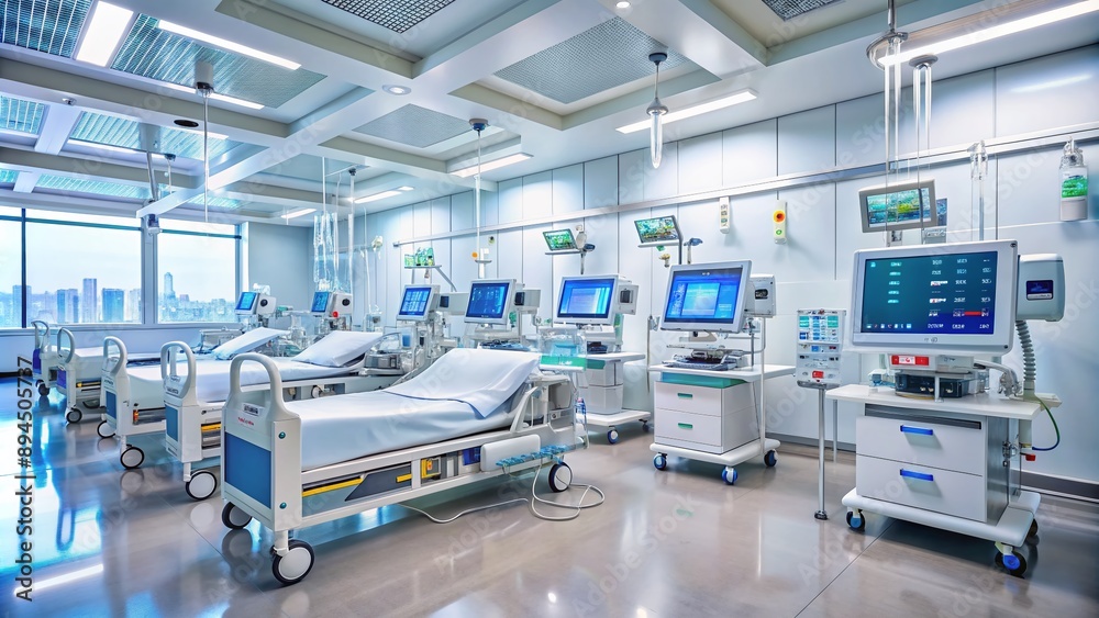 Modern intensive care unit with life support machines, medical ...