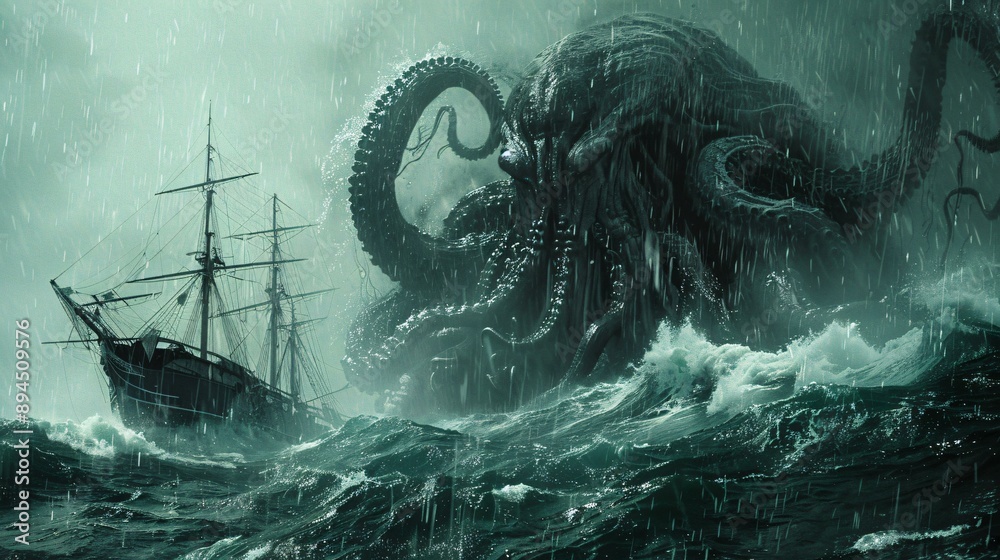 Ship meets Cthulhu in the ocean in a storm it is raining huge waves in ...
