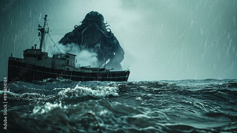Ship meets Cthulhu in the ocean in a storm it is raining huge waves in ...