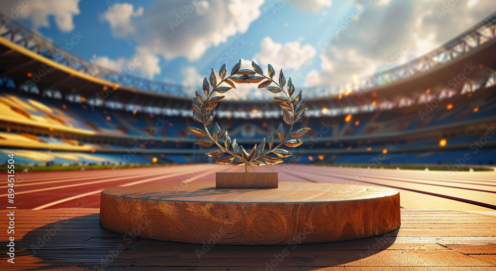 A 3D award podium with a golden laurel wreath stands against the ...