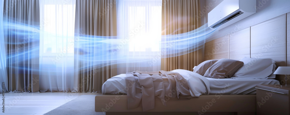 An air conditioning unit in a minimalist bedroom, blowing out cool air ...