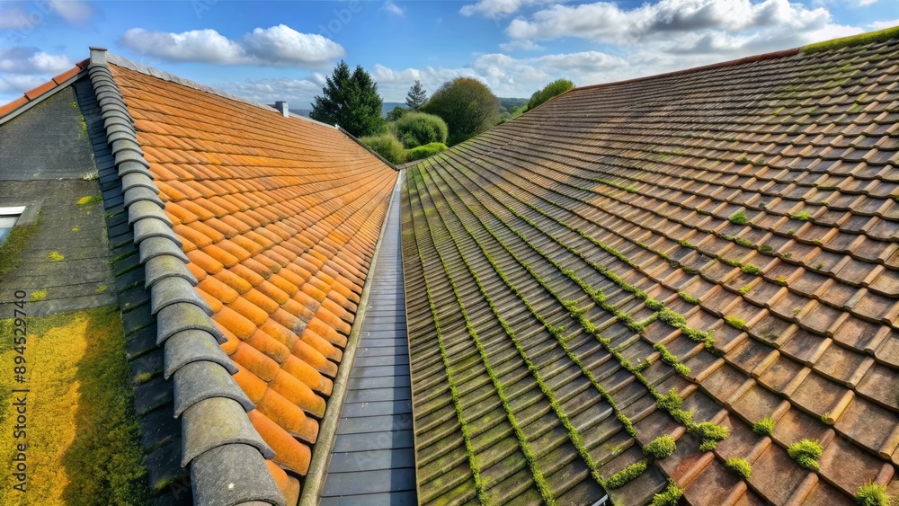 Dirty roof with algae stains and debris on left, transformed to clean ...