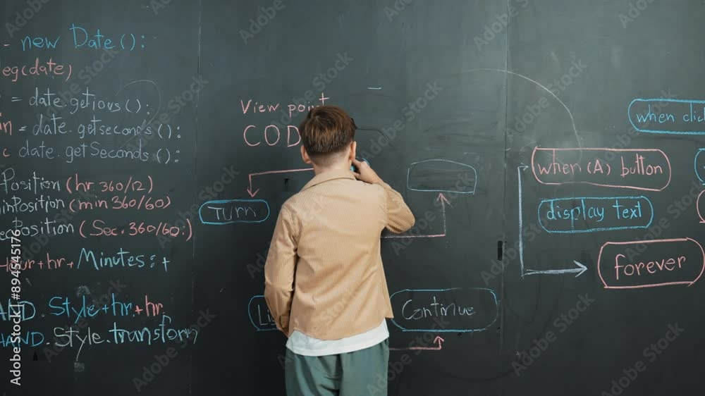 Back view of smart boy writing engineering prompt on blackboard. Attractive happy student ...