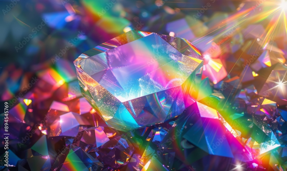 Prismatic light explodes from a crystal, creating a rainbow vortex of ...