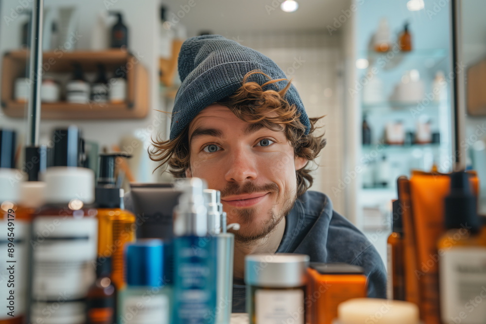 Man with a beanie smiling at his reflection among various skincare ...