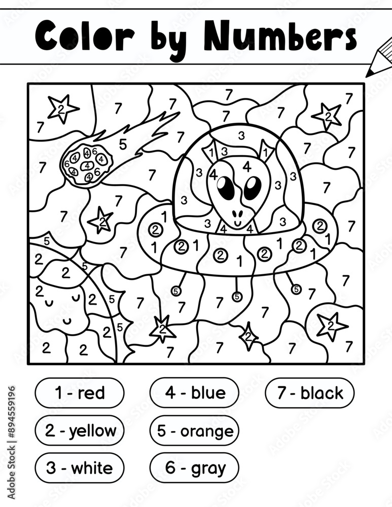 Color by numbers game for kids. Coloring page with a cute alien in ...