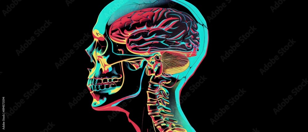 Human Skeleton head Anatomy with Brain on Solid Black Background for ...