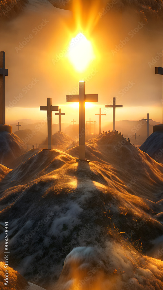 three crosses on top of hill with the sun gleaming behind them ...