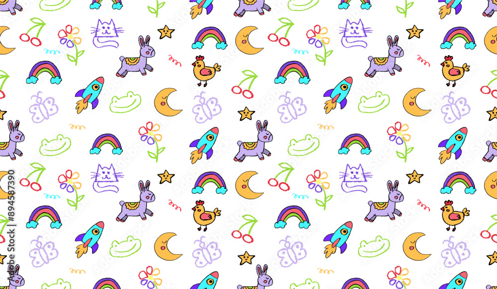 seamless baby fabric pattern for baby in doodle style with wax chalk ...