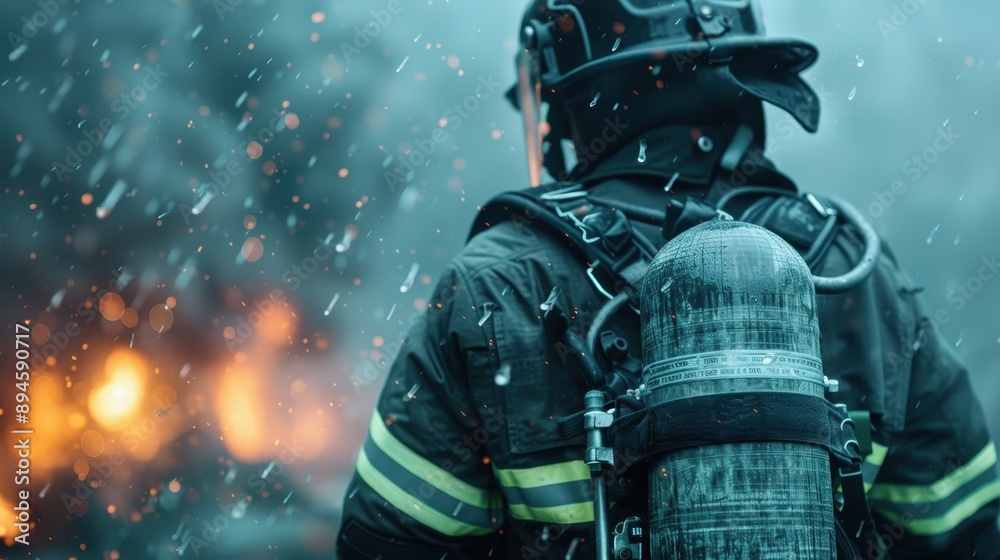 A firefighter, seen from the back, moving towards a raging fire with ...