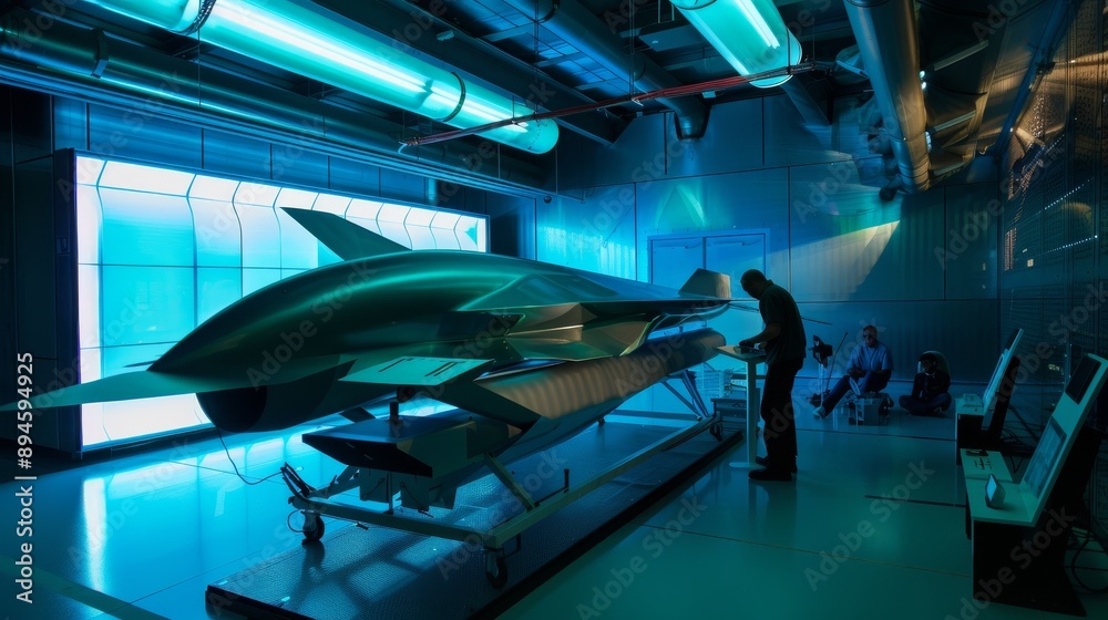 A dynamic aerospace technology research center with engineers testing ...