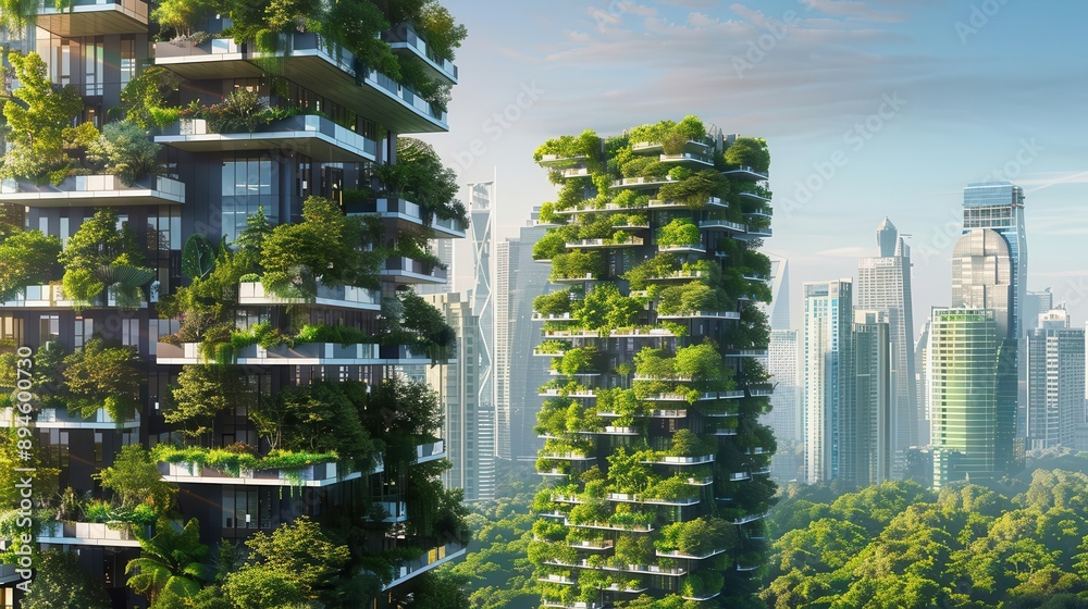 vertical forest megacity with floating sky gardens lush greenery ...