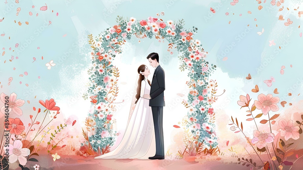 Cute cartoon style wedding invitation design bride and groom standing ...