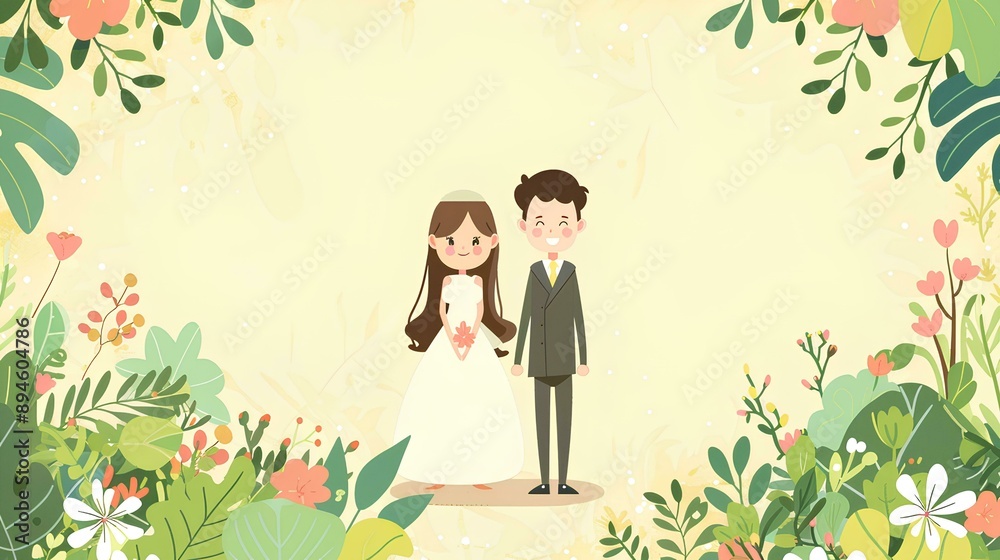 Cute cartoon style wedding invitation design bride and groom standing ...