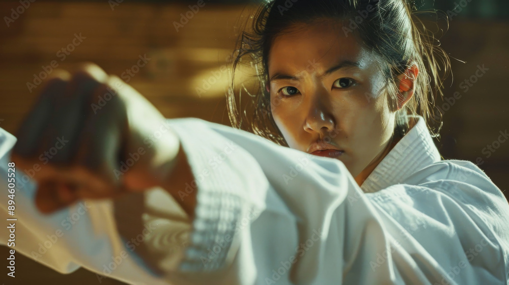 A determined martial artist strikes a powerful pose in a white uniform ...