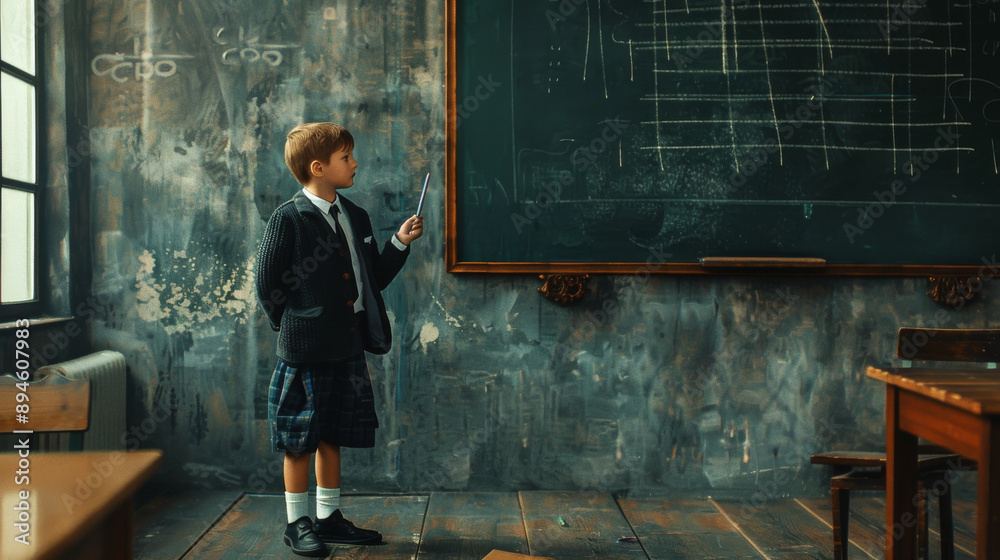 A young boy points to a chalkboard with serious dedication in an old ...