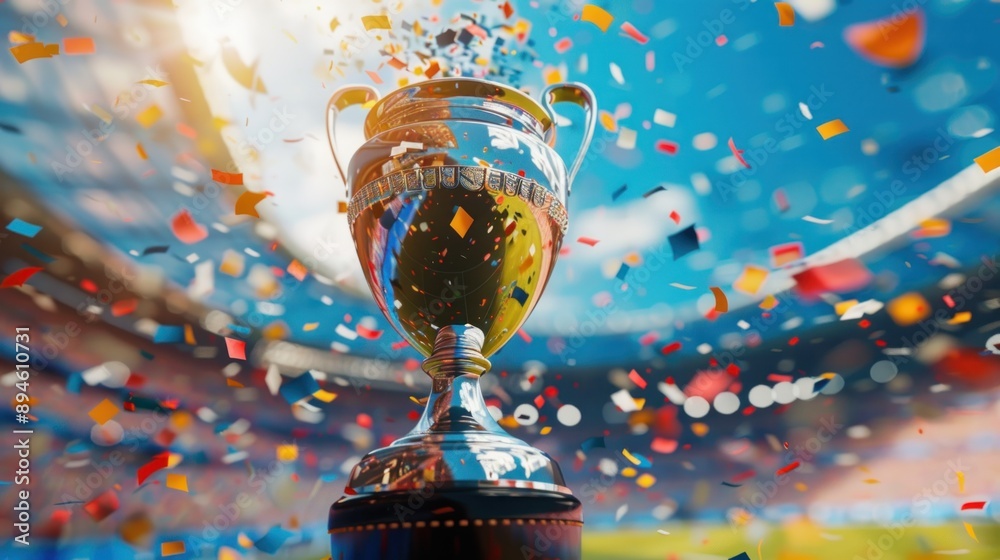 Football champion cup stands on a green grass field at a football ...