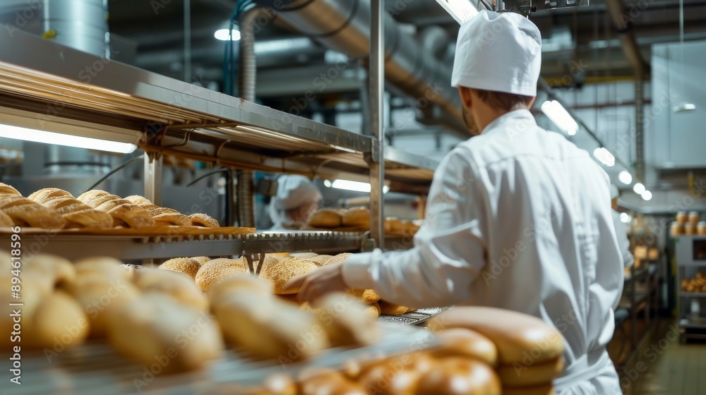 A food processing engineer overseeing the packaging of bakery products ...