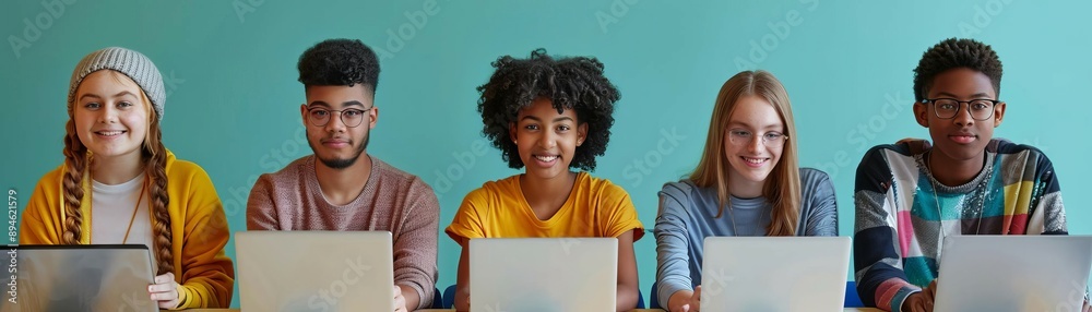 Diverse group of students using laptops in a virtual classroom setting ...