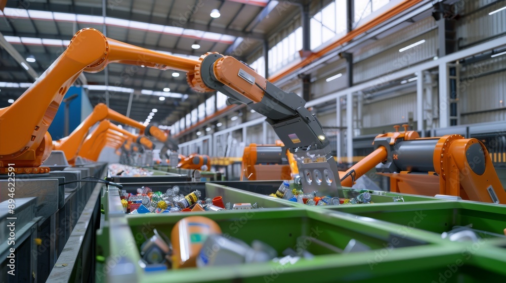 A futuristic waste management facility with robotic arms sorting ...