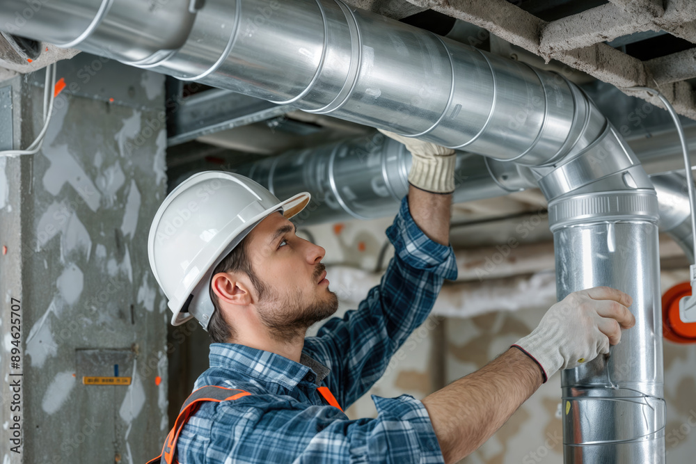 Hvac technician installing ventilation system ductwork Stock Photo ...