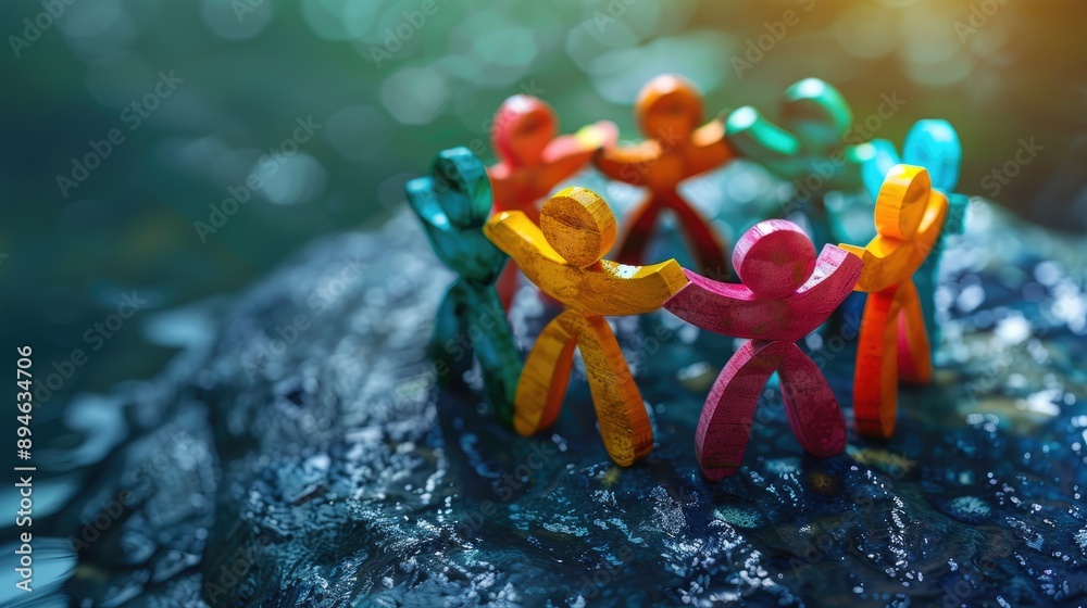 Colorful wooden figurines holding hands representing power and importance of teamwork and ...