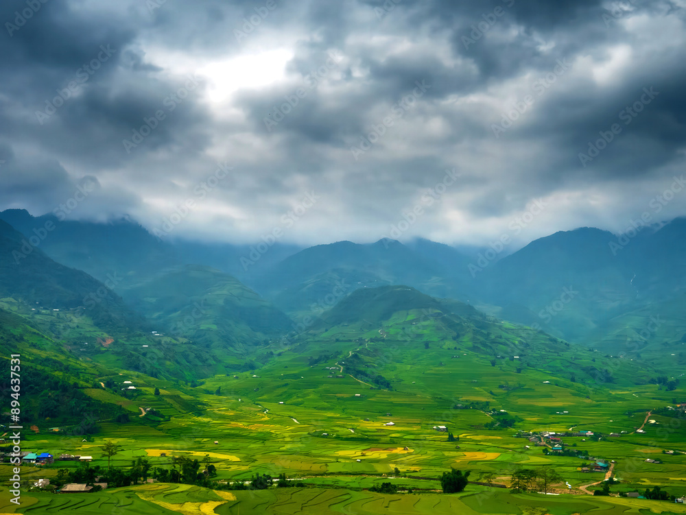 Rice terrace Field Green agriculture rainny season dark cloud amazing ...