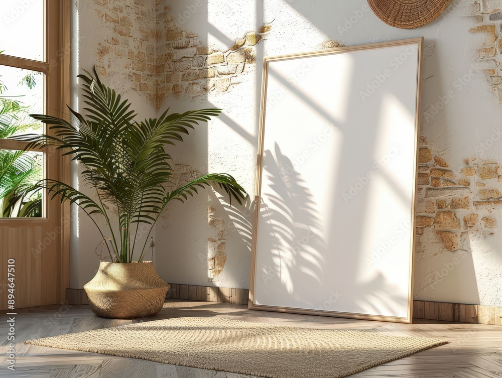 Mockup of a white poster on the floor in a corner with a plants and ...