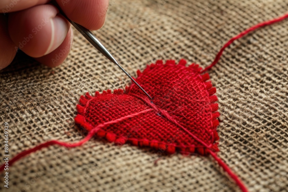 Heal. Needle and Thread Sewing Red Ribbon on Fabric Heart Symbolizing ...