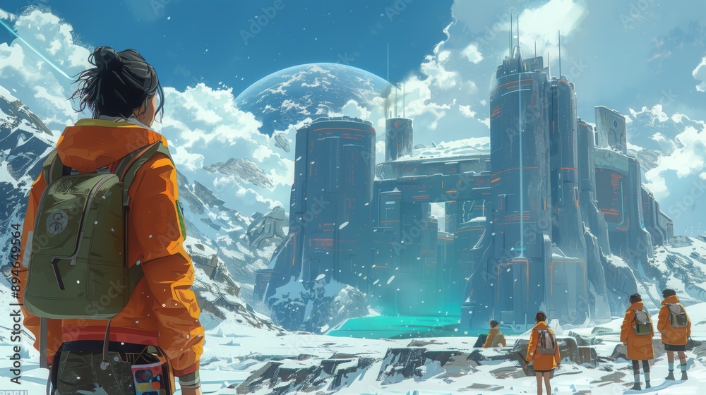 Students from Earth at an alien school in a snowy landscape, gazing at ...