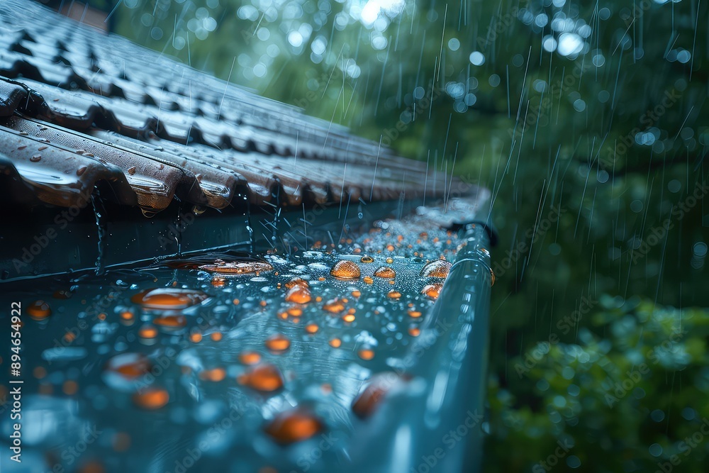 Rainwater drainage. Rain falling down the edge of the roof and flowing ...