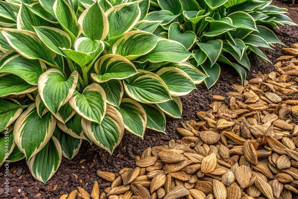 Hosta and Euphorbia plants in garden border with minimalist wood chip ...
