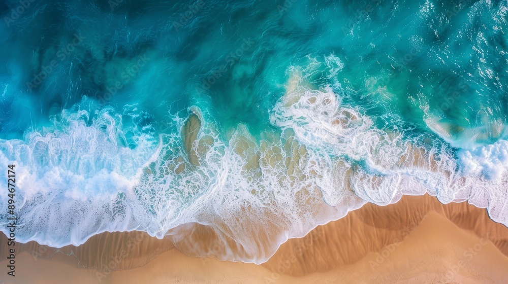 Create an aerial view of a sandy beach and the ocean with waves ...
