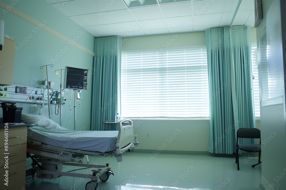 A hospital room with medical equipment and a patient bed, but no people ...