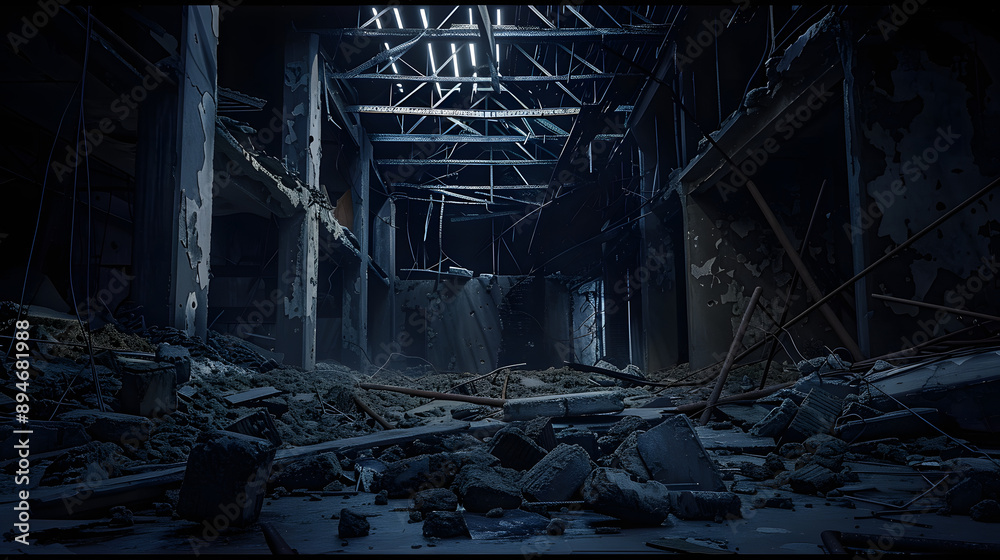Inside a dark and dim abandoned or destroyed building. Crumbling ...