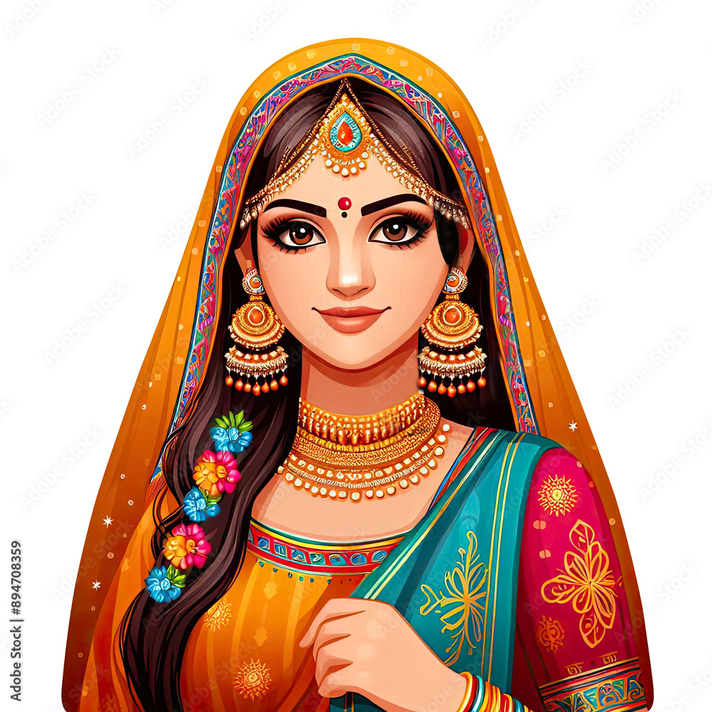 2D illustration of Indian bride girl wearing traditional dress, Woman ...