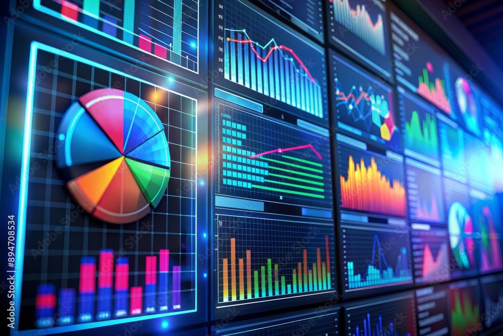 Modern digital display screen showing extensive financial metrics ...