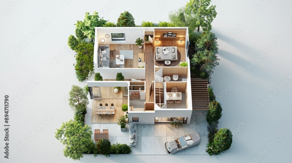 Aerial perspective of a house's 3D floor plan, highlighting the ...