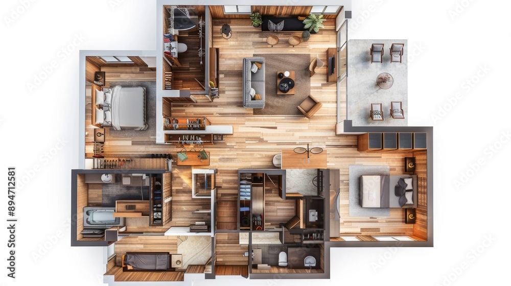 Aerial perspective of a house's 3D floor plan, highlighting the ...