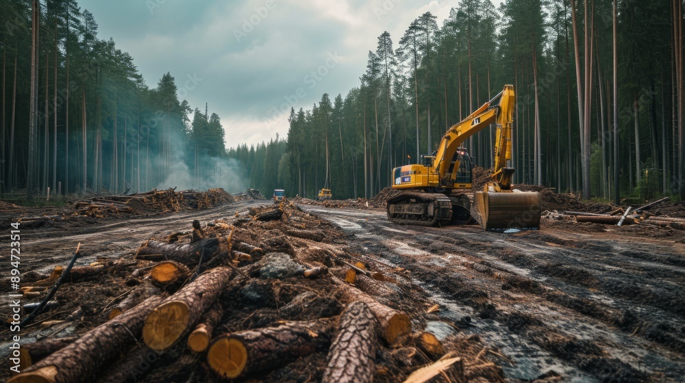 Excavator leaving forest road covered in mud and logs after ...
