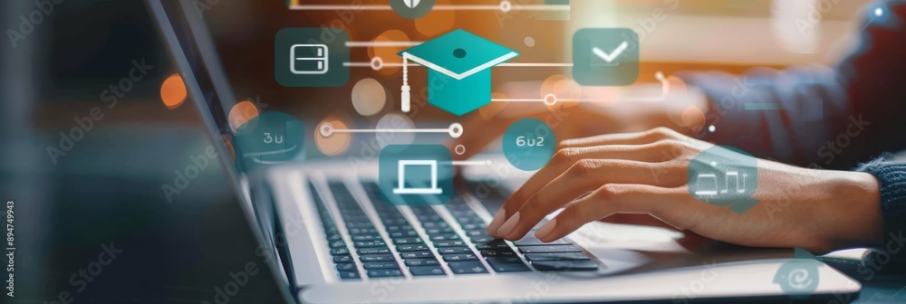 Discover online learning using digital tools and education symbols ...