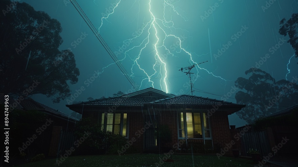 Lightning strikes power lines near a suburban home during a ...