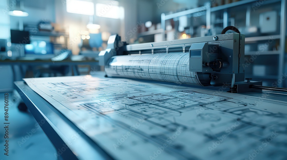 large format printer in an office environment producing detailed ...