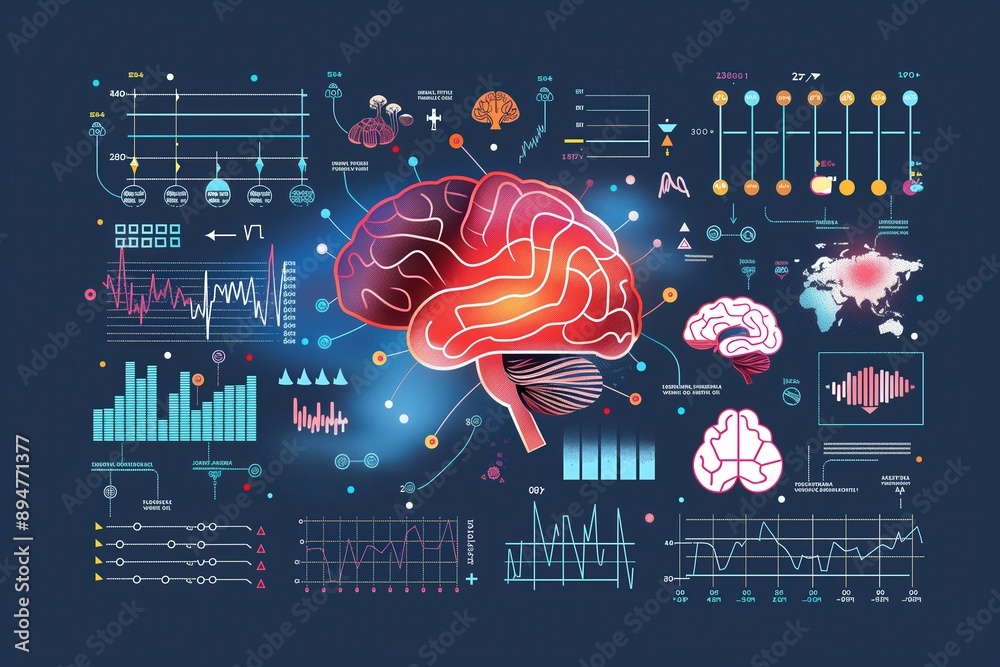Brain waves, neurological signals, detailed flat design illustration ...