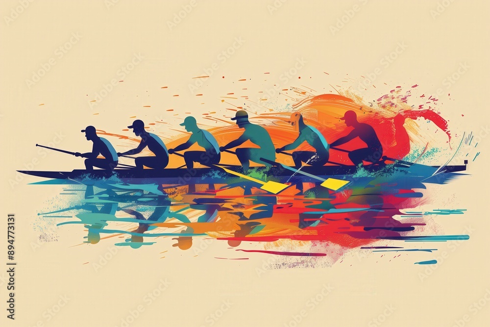 Rowing team, synchronized rowing, detailed flat design illustration ...